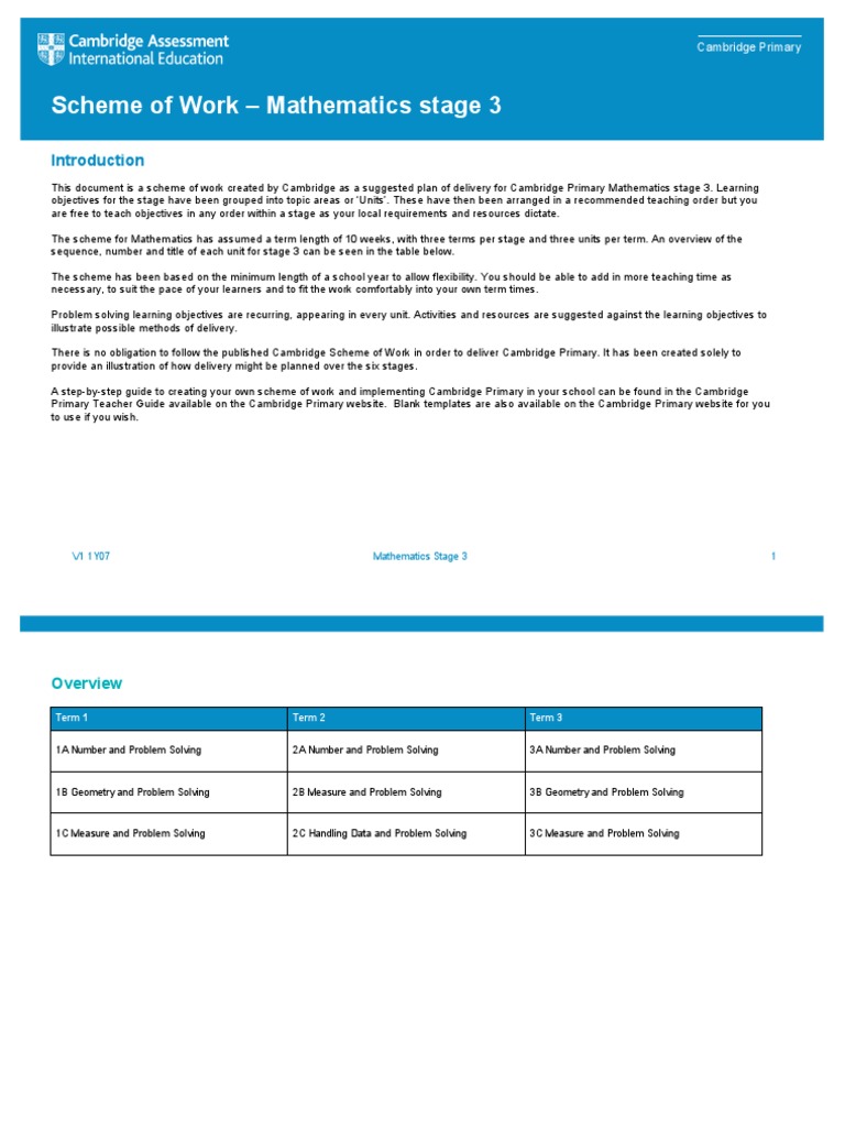 Scheme of Work - Mathematics Stage 3: Cambridge Primary | PDF | Shape ...