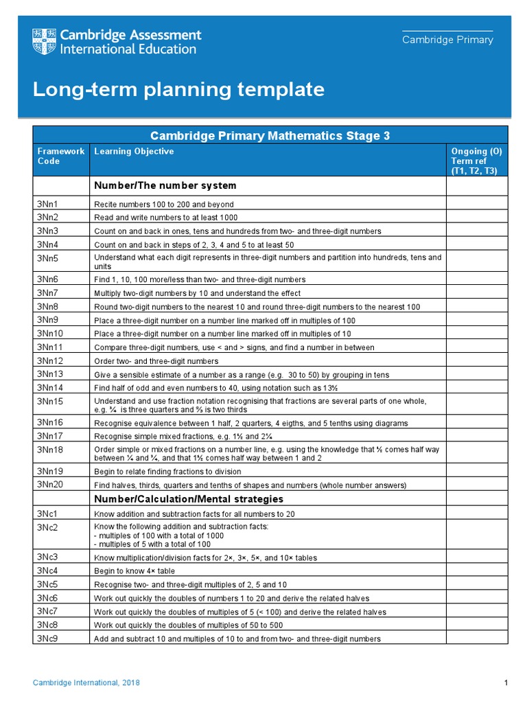 Long-Term Planning Template: Cambridge Primary Mathematics Stage 3 ...