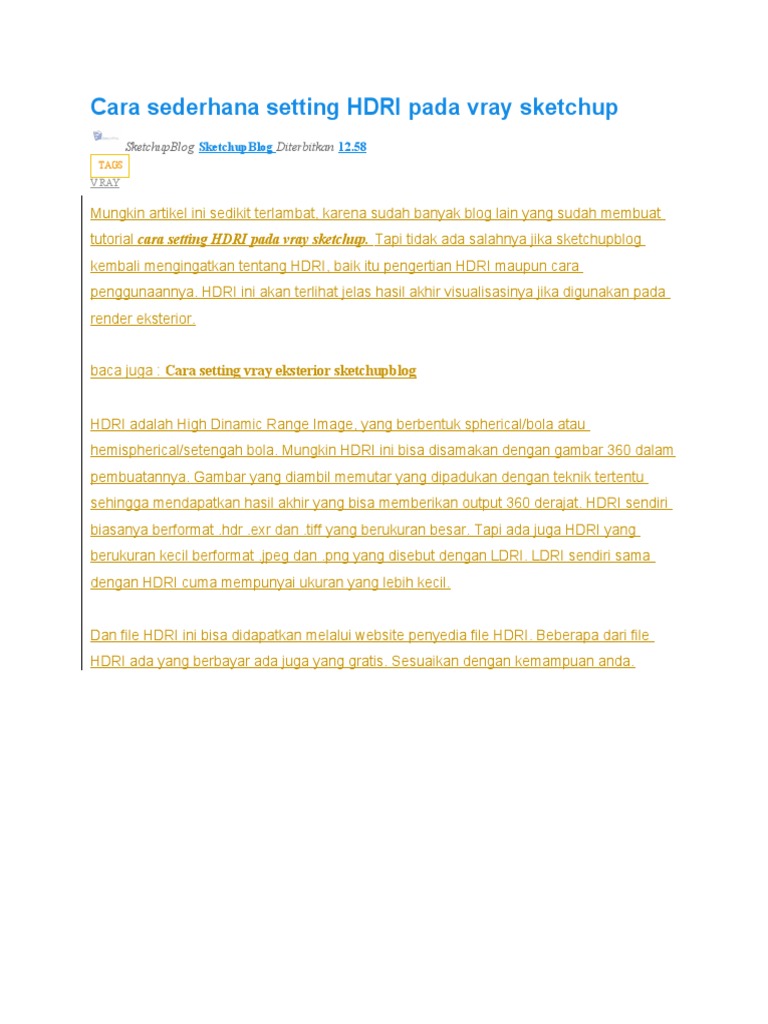 Cara Sederhana Setting HDRI Pada Vray Sketchup | PDF