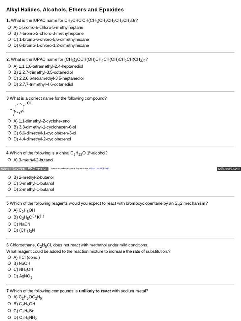 Alkyl Halides, Alcohols, Ethers and Epoxides: 1. What Is The IUPAC Name ...