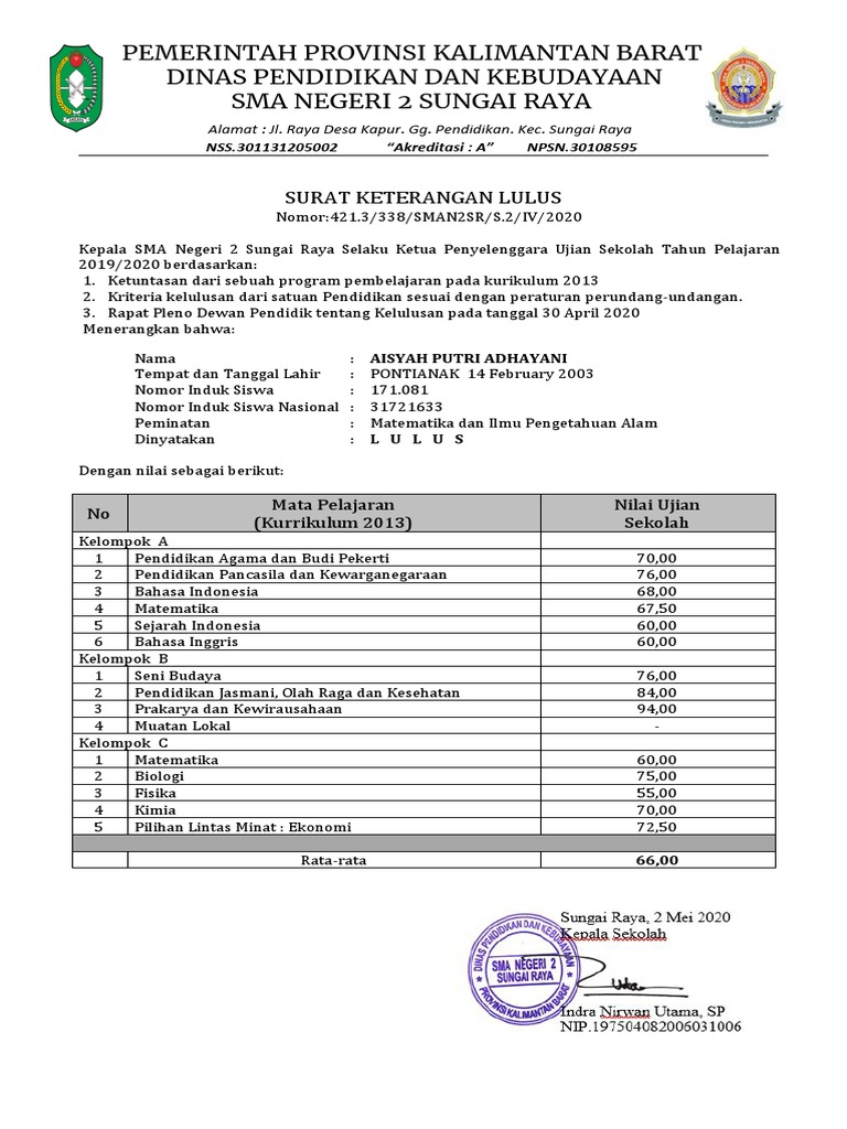 2 - SKL - Mipa - Aisyah Putri Adhayani Sma 2 Sungai Raya | PDF