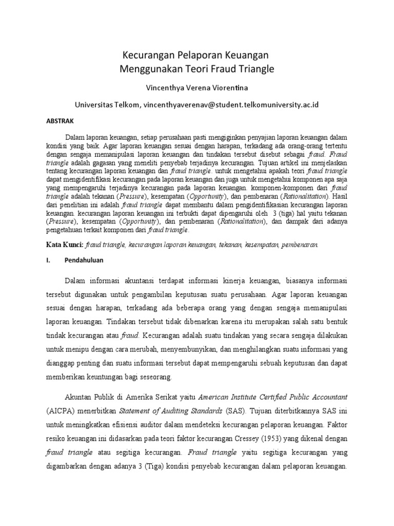 Kecurangan Pelaporan Keuangan Menggunakan Teori Fraud Triangle | PDF