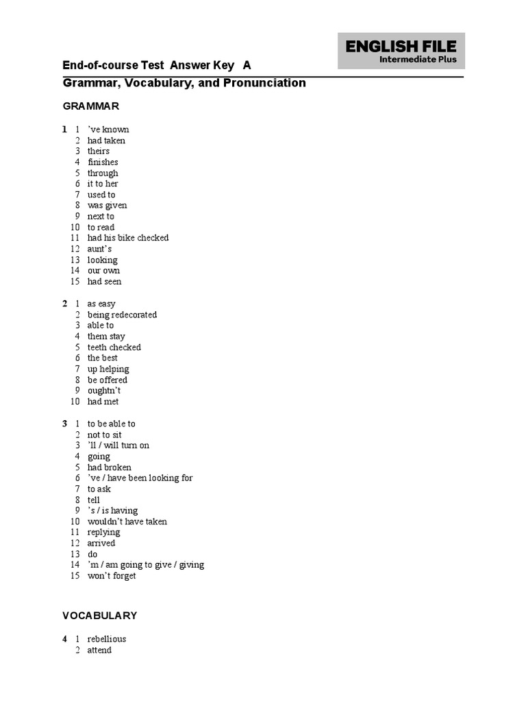 English File Intermediate Test Answer Key | PDF | Speech | Question