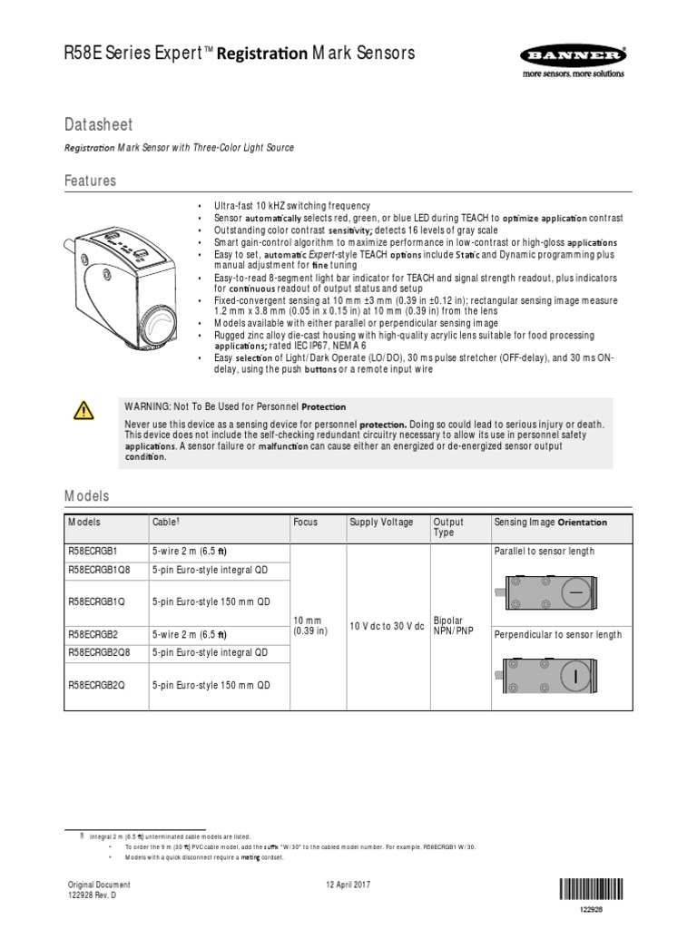 R58E Series Expert Registration Mark Sensors: Datasheet | PDF ...