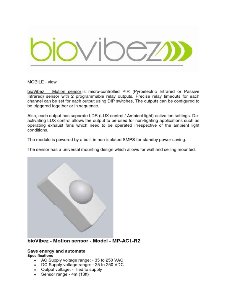 Biovibez - Motion Sensor - Model - Mp-Ac1-R2: Save Energy and Automate ...