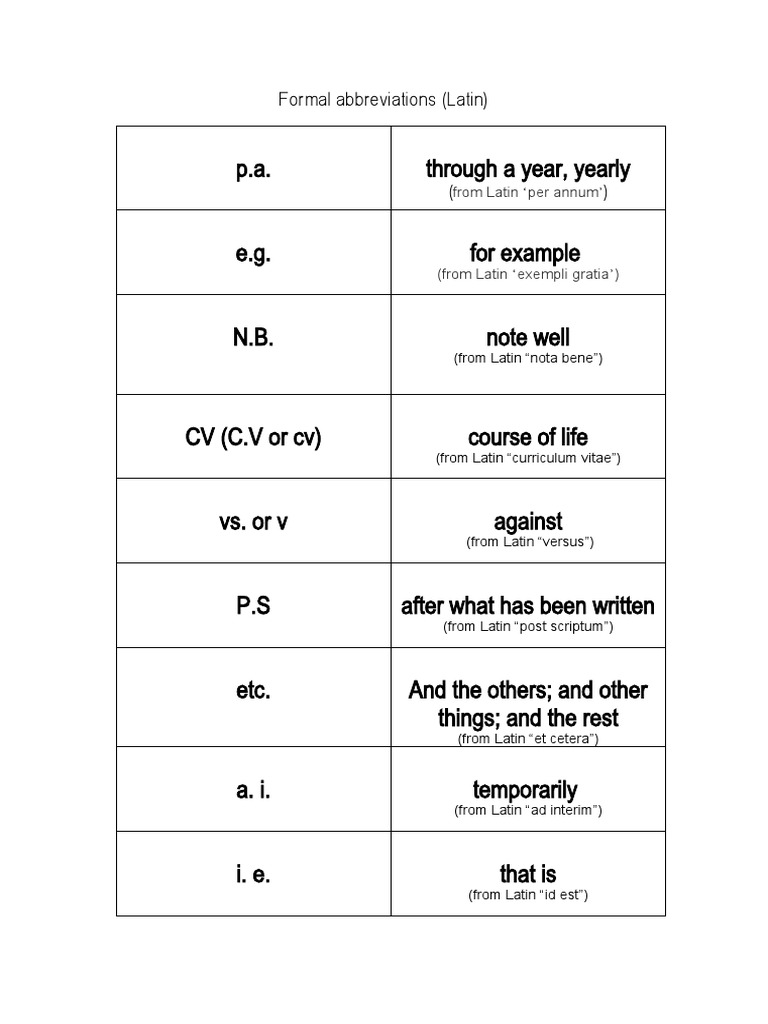 P.A. Through A Year, Yearly: Formal Abbreviations (Latin) | PDF