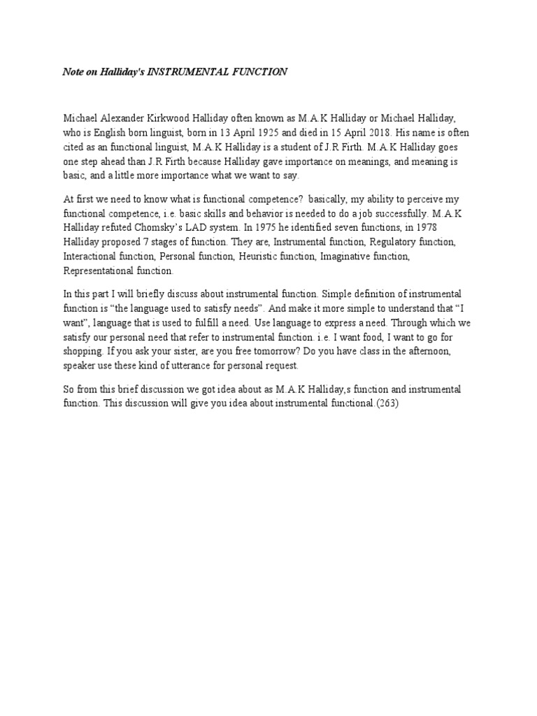 Note On Halliday's INSTRUMENTAL FUNCTION | PDF