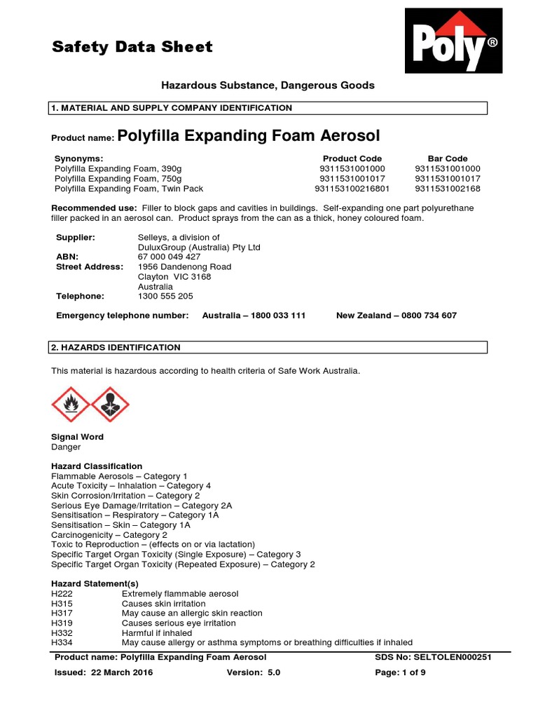 Polyfilla Expanding Foam Aerosol: Safety Data Sheet | PDF | Dangerous ...