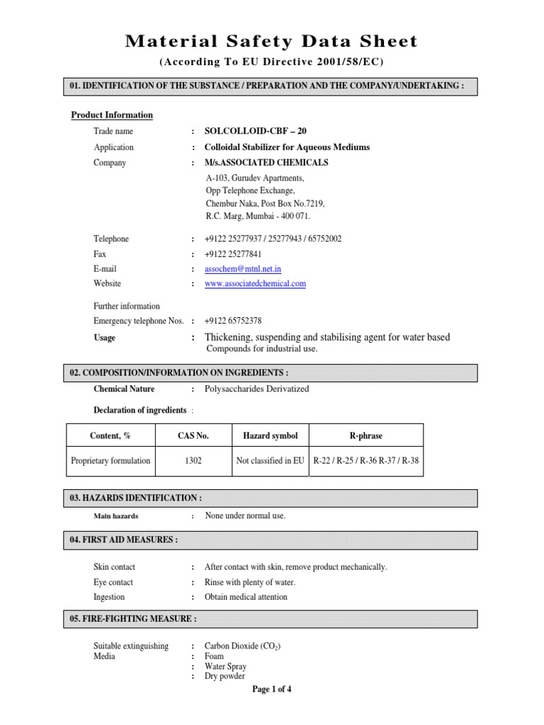 Solcolloid - CBF - 20 Msds | PDF | Toxicity | Personal Protective Equipment