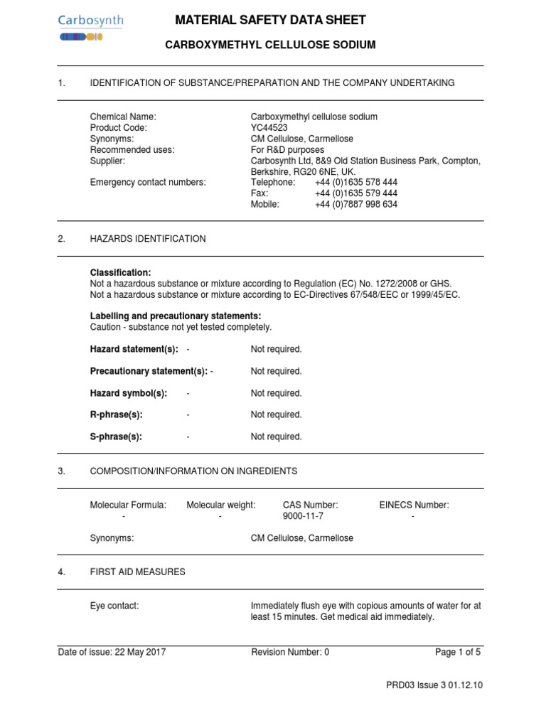 Carboxymethyl Cellulose Sodium YC44523 MSDS | PDF | Personal Protective ...