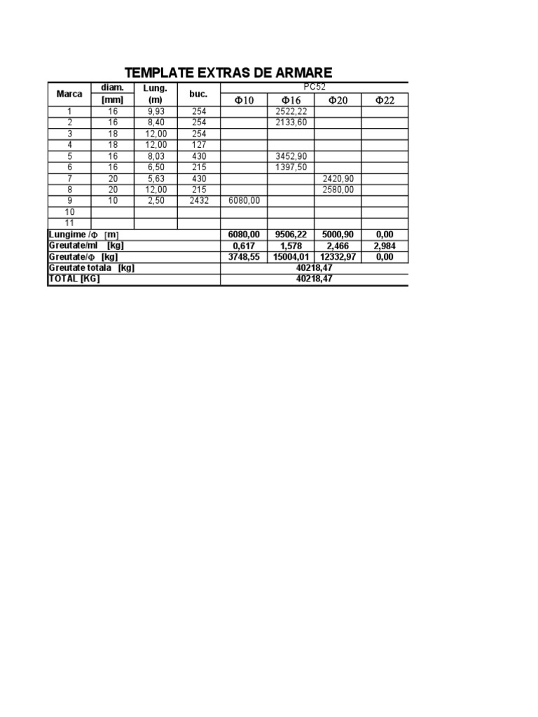 Template Extras de Armare: F10 F16 F20 F22 | PDF