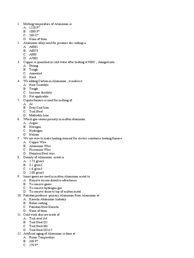 Metallurgy Engineering Test | PDF | Casting (Metalworking) | Steel