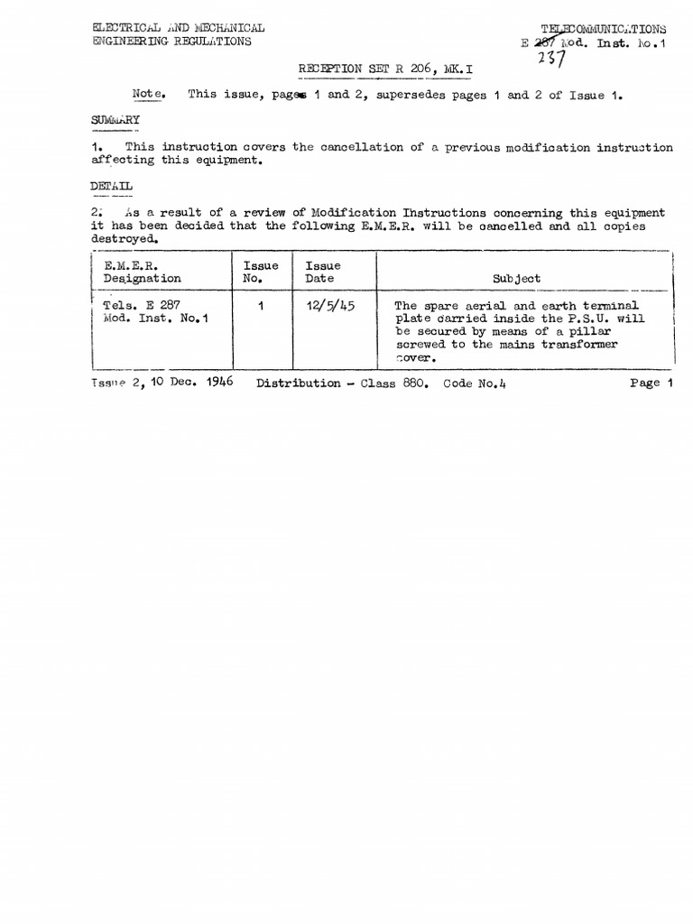 E 237 Reception Set R206 Mk1 Modification Instruction 1946 | PDF