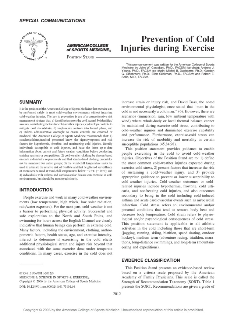Prevention of Cold Injuries During Exercise | PDF | Hypothermia ...