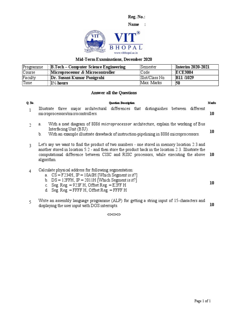 B11-1029-MPMC (ECE3004) - MID-TERM QP PDF | PDF | Microprocessor | Computer Architecture