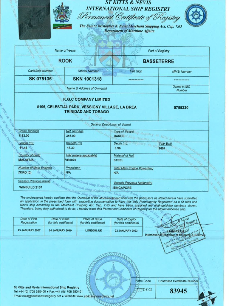 Rook - Certificate of Registry | PDF