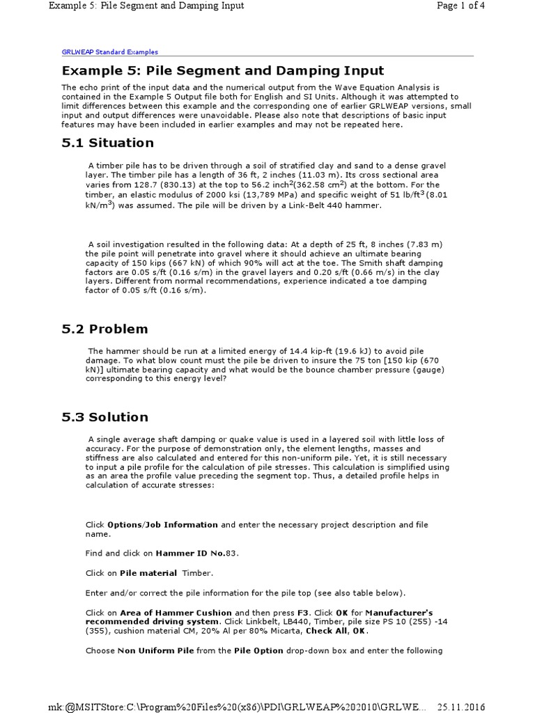 Example 5: Pile Segment and Damping Input: GRLWEAP Standard Examples ...