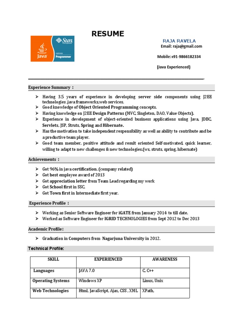 Experienced Resume | PDF | Java (Programming Language) | Software Design