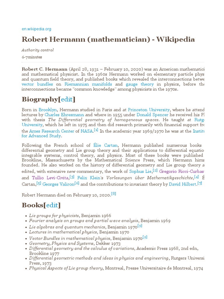 Robert Hermann (Mathematician) - Wikipedia: Biography | PDF ...