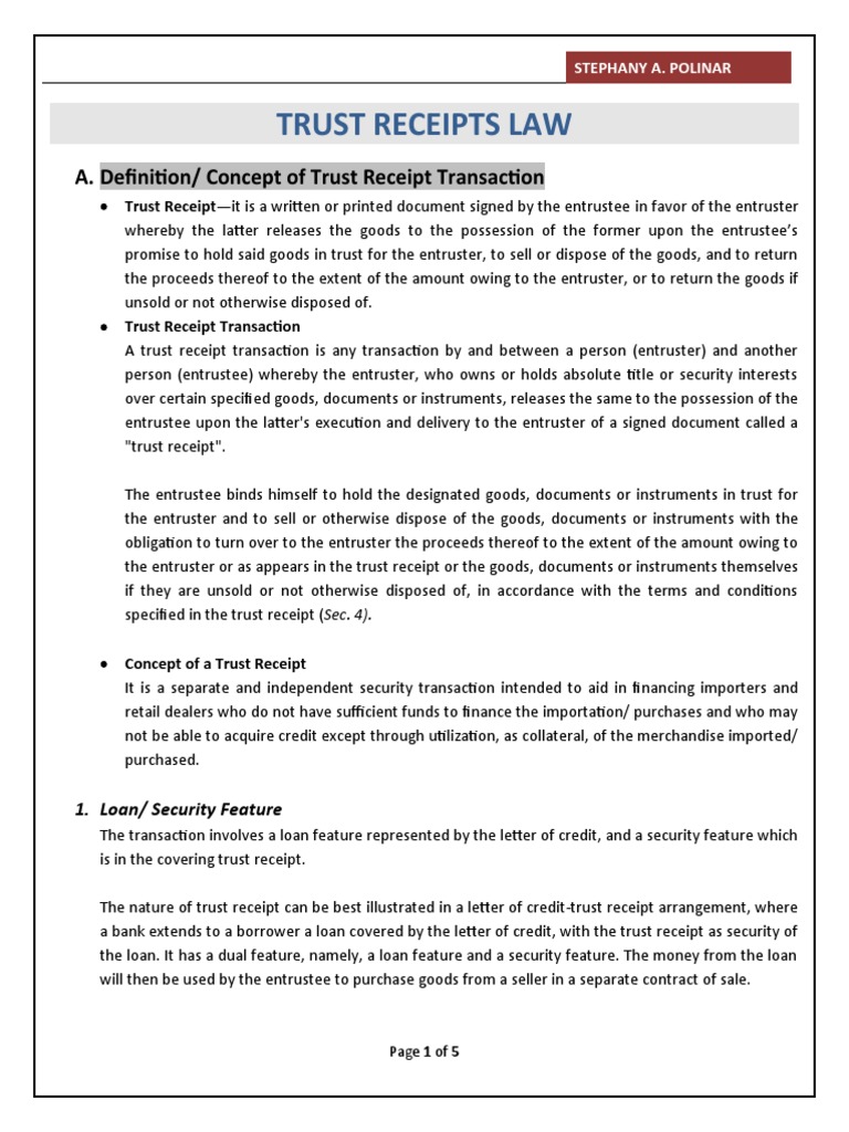 TRUST RECEIPTS LAW: KEY CONCEPTS AND OBLIGATIONS | PDF | Security ...