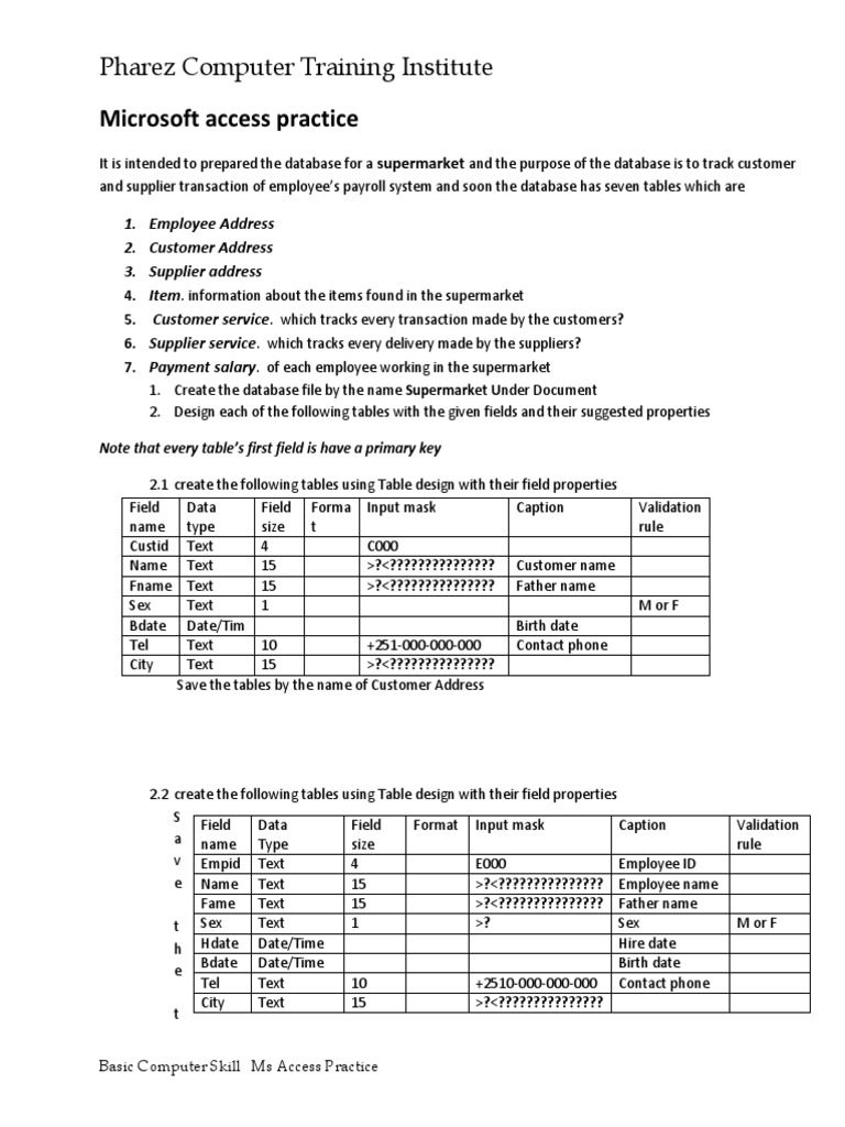 Microsoft Access Practice: Pharez Computer Training Institute | PDF ...