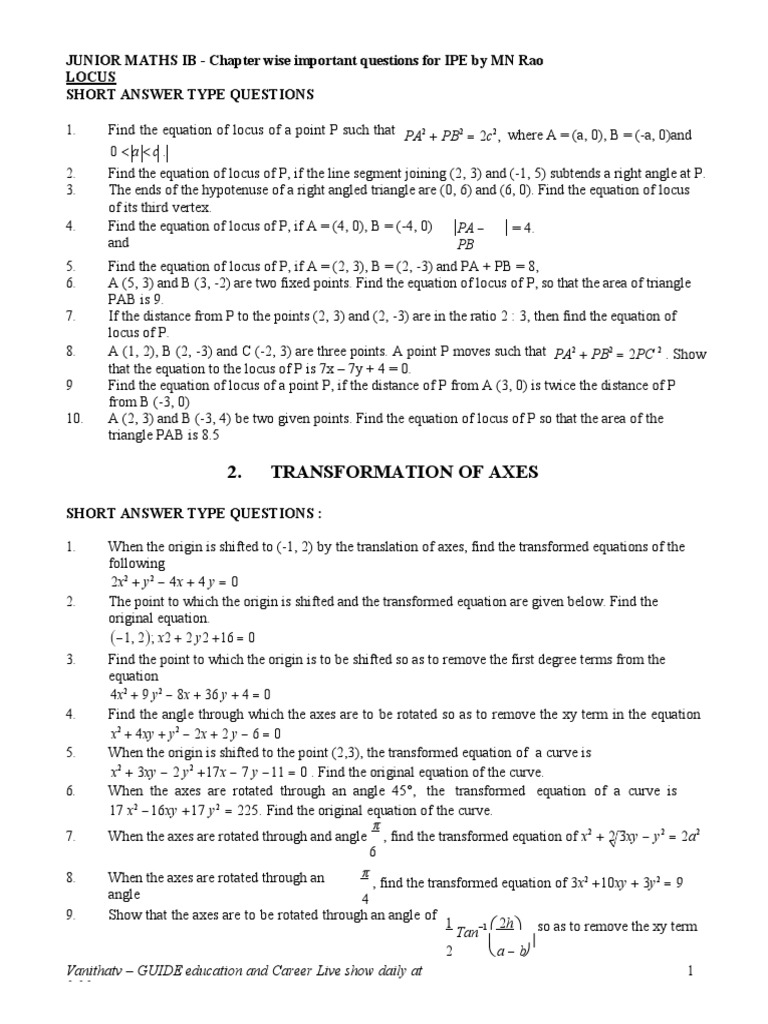 Junior Maths IB: Important Questions Guide | PDF | Line (Geometry ...