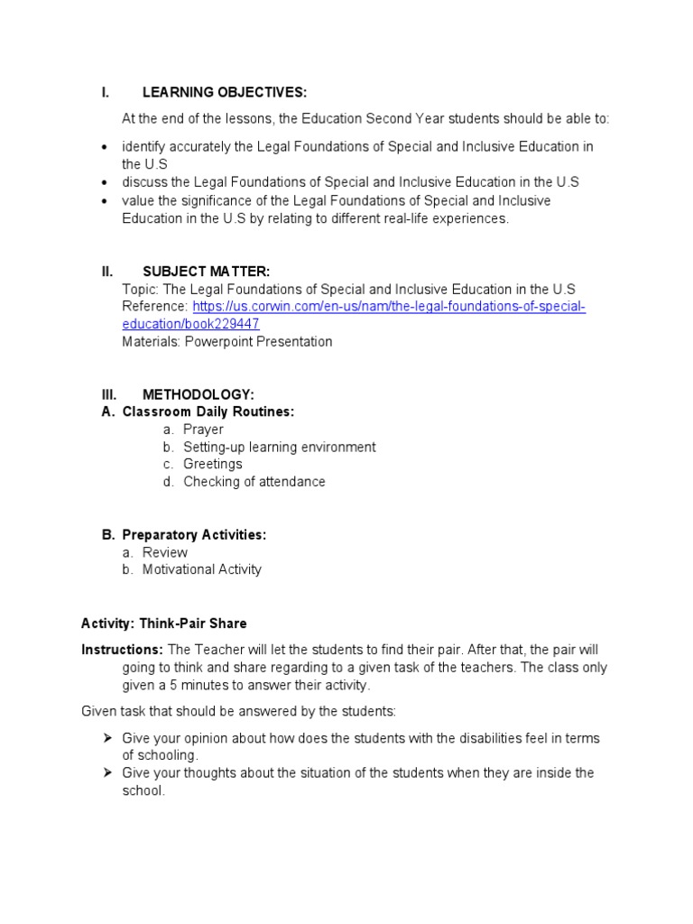 Lesson Plan in Special Education | PDF | Section 504 Of The ...