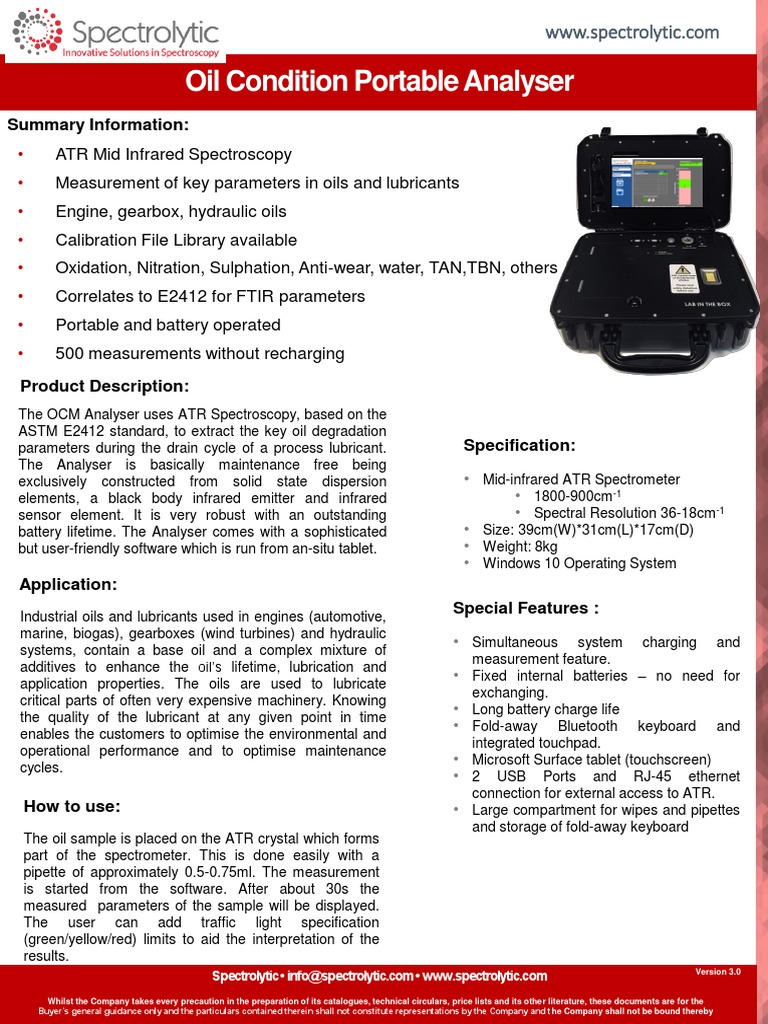 Oil Condition Portable Analyser | PDF | Lubricant | Computing