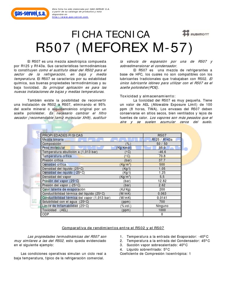 Ficha Técnica del Refrigerante R507 | PDF | Refrigeración | Mecánica de ...