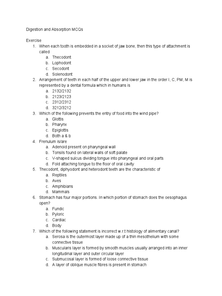 Digestion and Absorption MCQs Guide | PDF | Stomach | Digestion