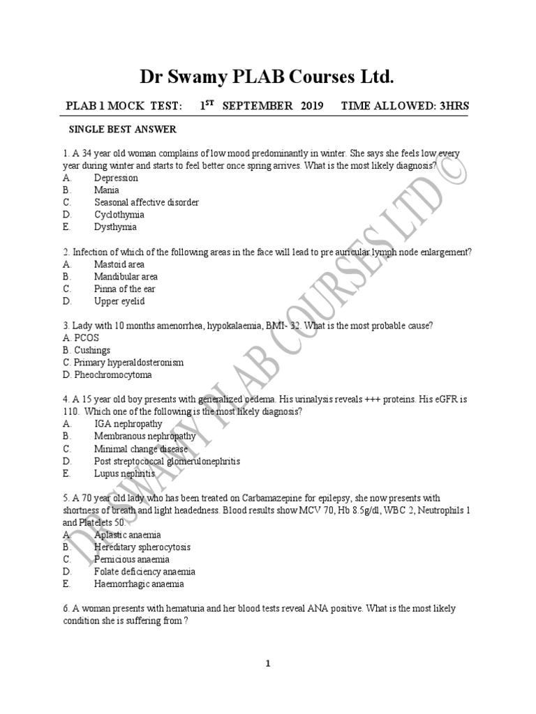 Swammy Plab 1 Mock | PDF | Hypertension | Generalized Anxiety Disorder