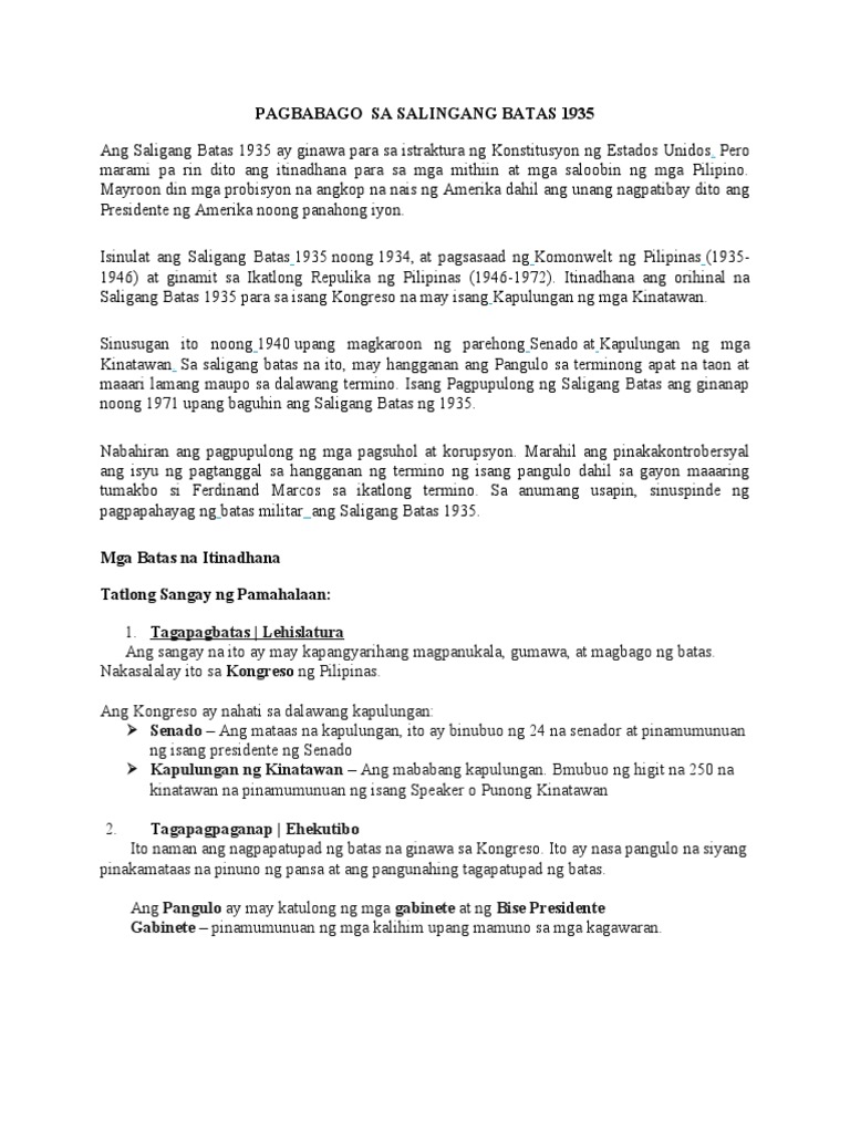 Pagbabago Sa Salingang Batas 1935 | PDF