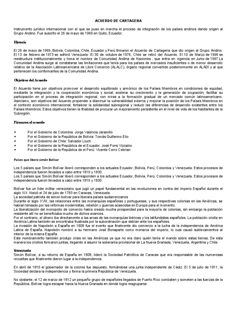 Acuerdo de Cartagena | PDF | Comunidad andina | Perú