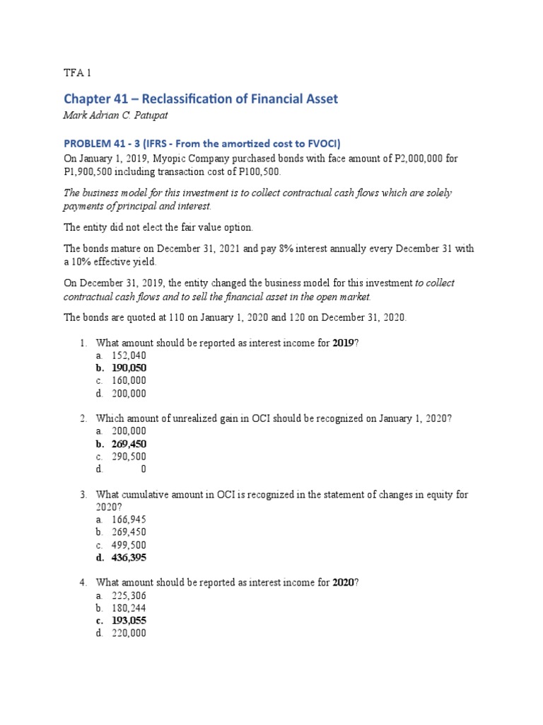 Chapter 41 - Reclassification of Financial Asset: PROBLEM 41 - 3 (IFRS ...