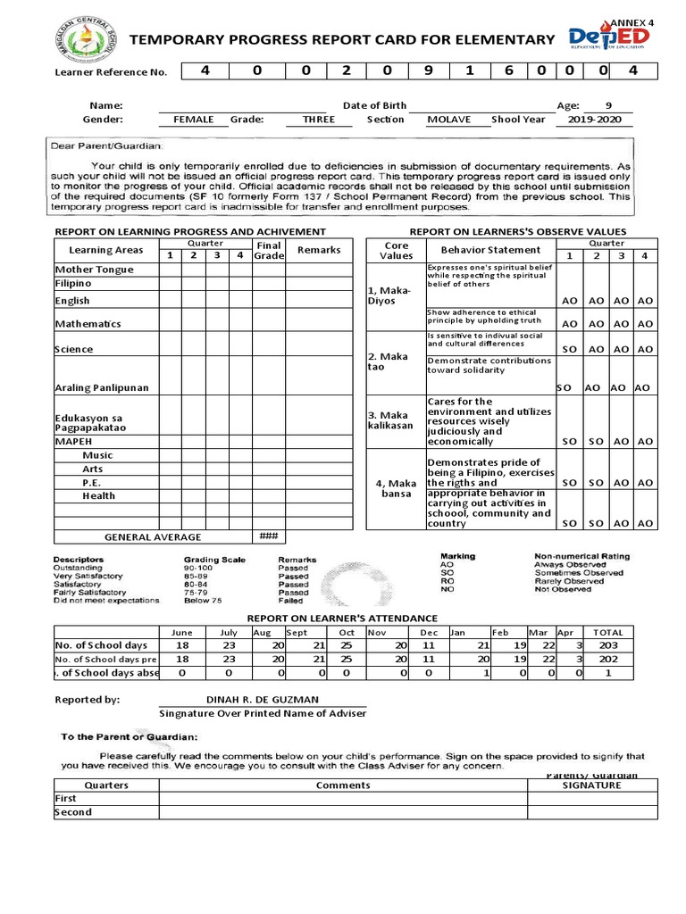 Temporary Progress Report Card For Elementary 4 0 0 2 0 9 1 6 0 0 0 4 ...