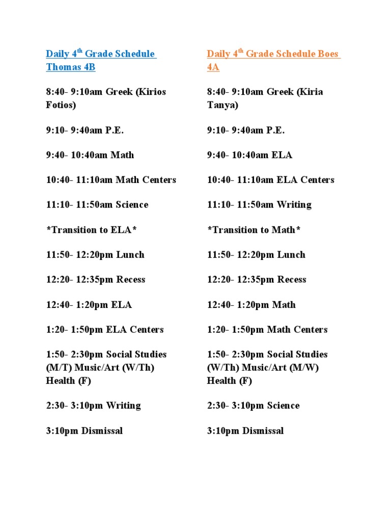Daily 4th Grade Schedule 2021 | PDF