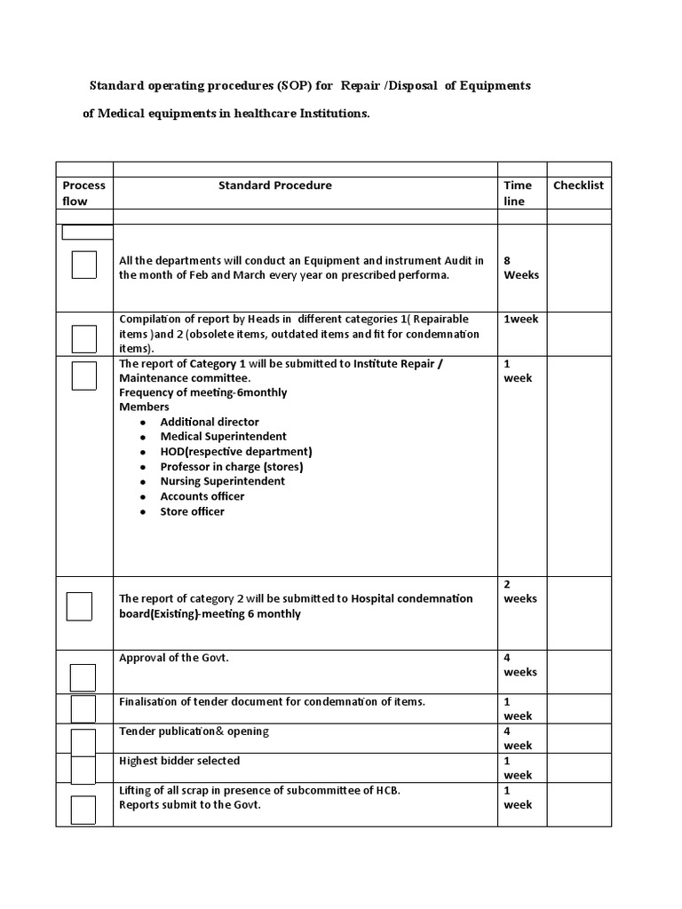 Standard Operating Procedures (SOP) For Repair /disposal of Equipments ... Standard Operating Procedures (SOP) For Repair /disposal of Equipments ...