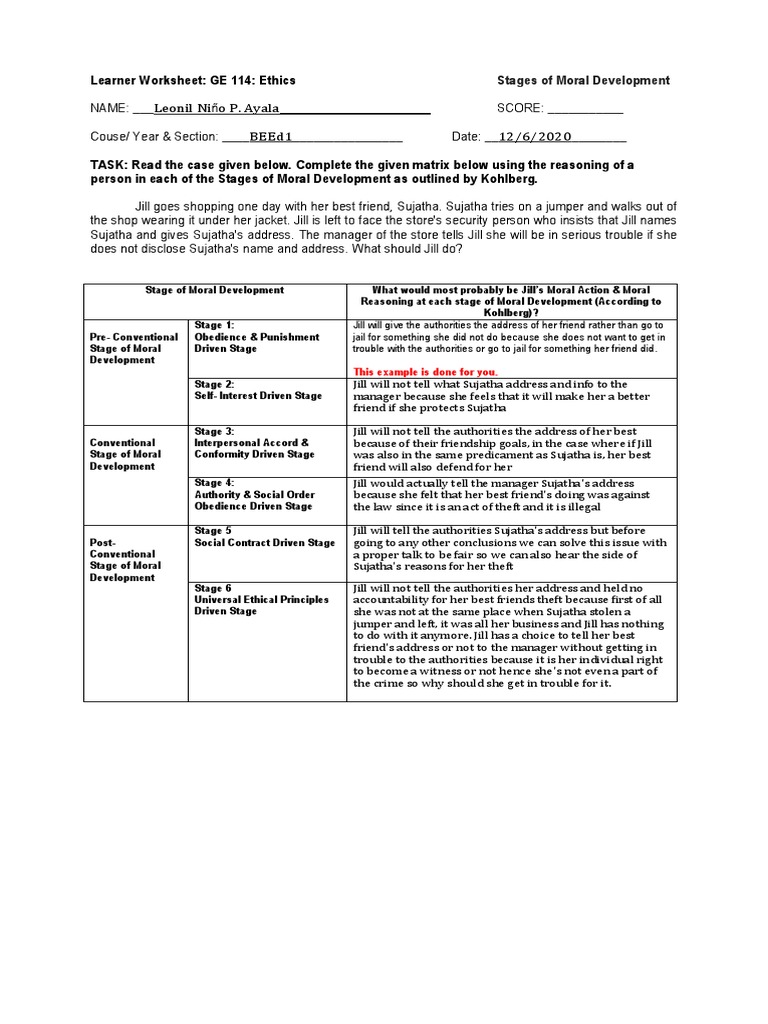 Learner Worksheet: GE 114: Ethics: Stages of Moral Development | PDF ...
