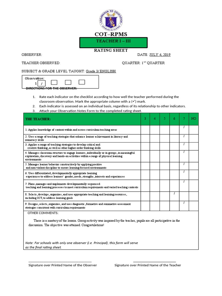 Cot-Rpms: Rating Sheet Teacher I - Iii | PDF | Curriculum | Teachers