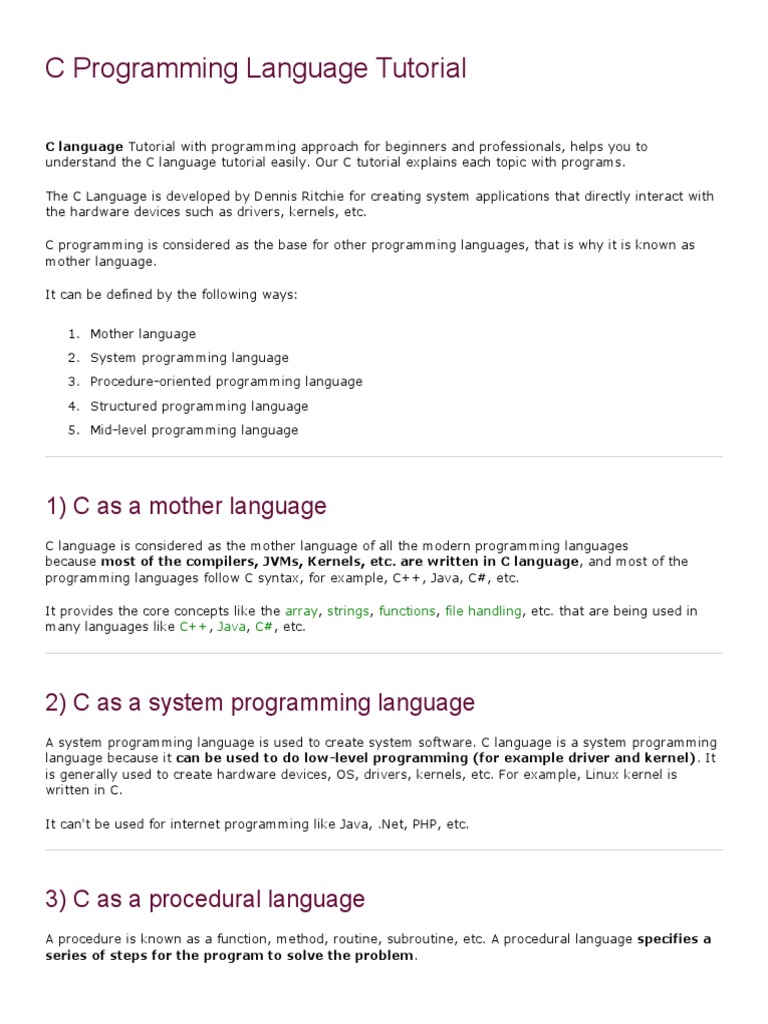 C Lang Tutorial - Mother Lang, Sys Prog Lang, Structured & Mid-Level ...