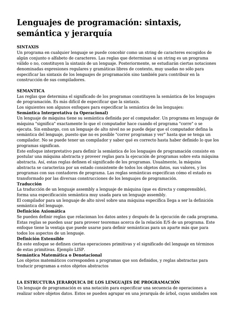 Lenguajes de Programacion Sintaxis Semantica y Jerarquia | PDF | Lenguaje de programación ...