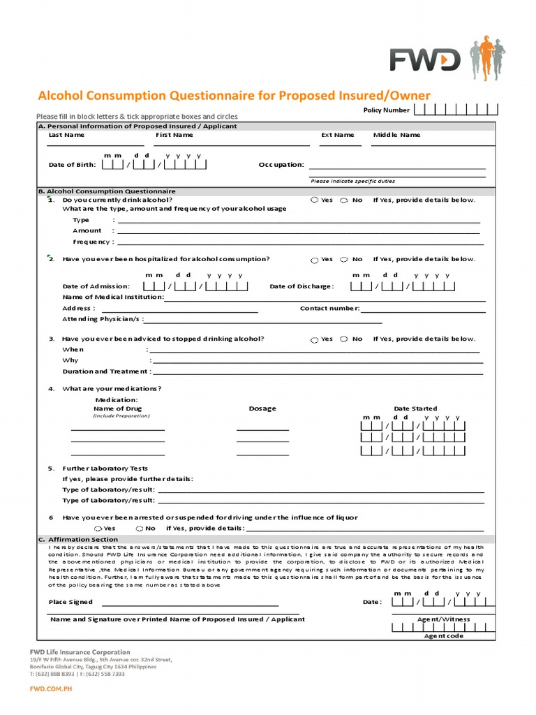 Alcohol Consumption Questionnaire For Proposed Insured/Owner | PDF ...