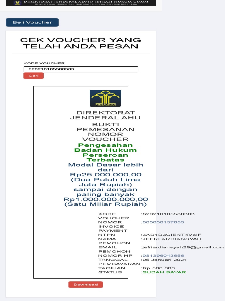 DITJEN AHU ONLINE - Voucher | PDF