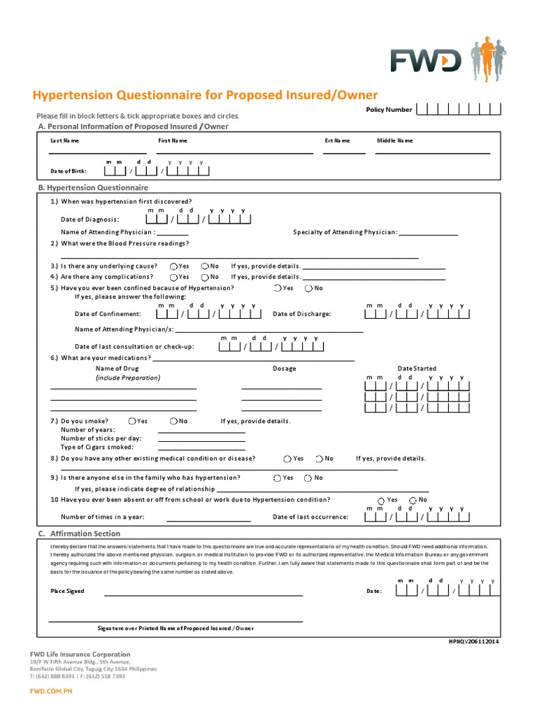 Hypertension Questionnaire For Proposed Insured/Owner | PDF ...
