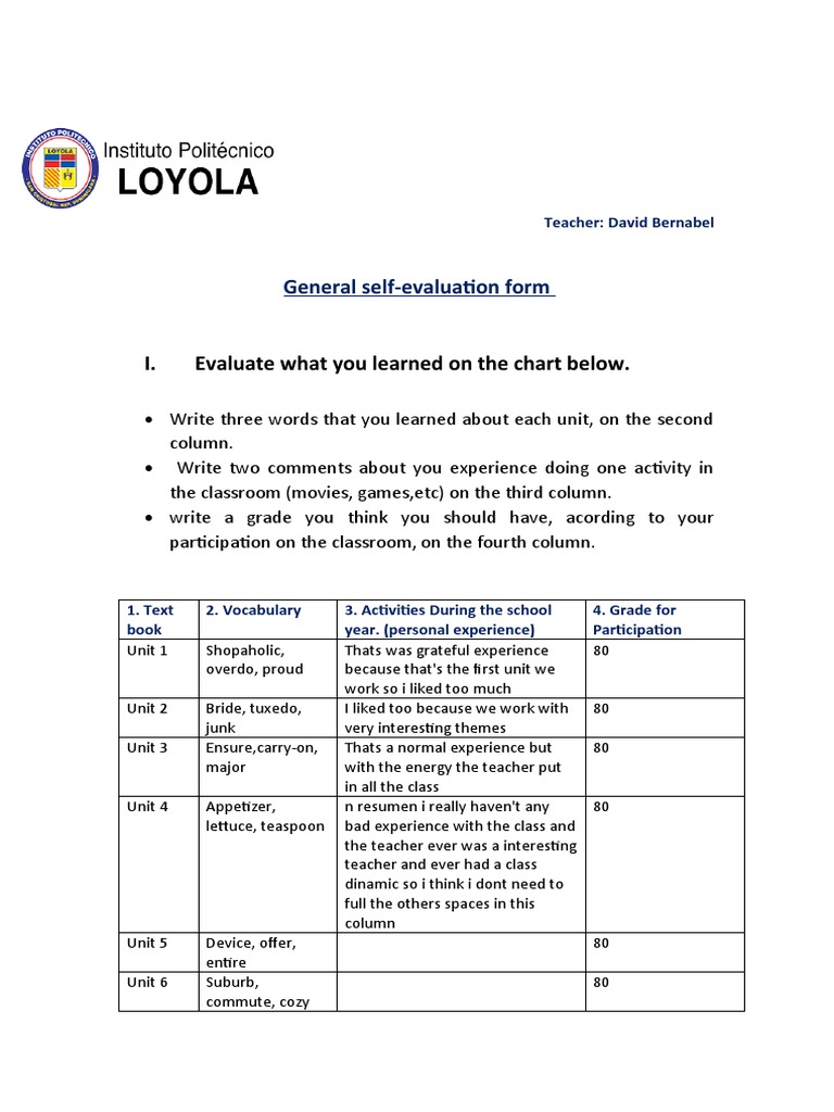 General Self-Evaluation Form From Orlando | PDF | Education Theory ...