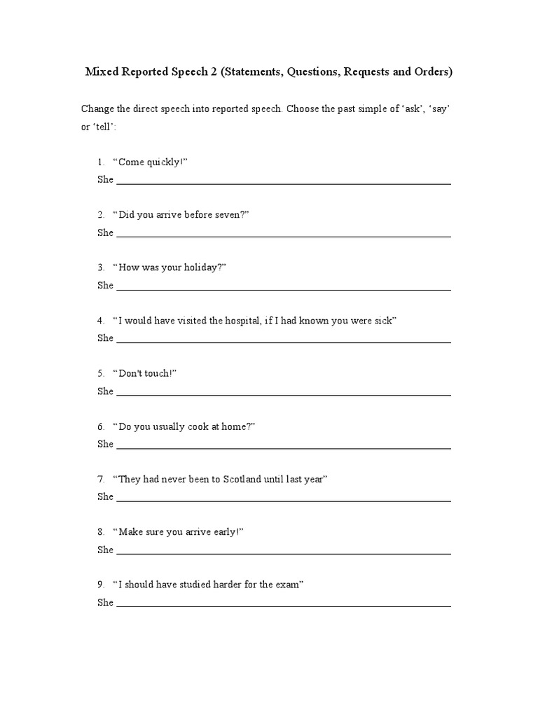 Mixed Reported Speech 2 (Statements, Questions, Requests and Orders) | PDF
