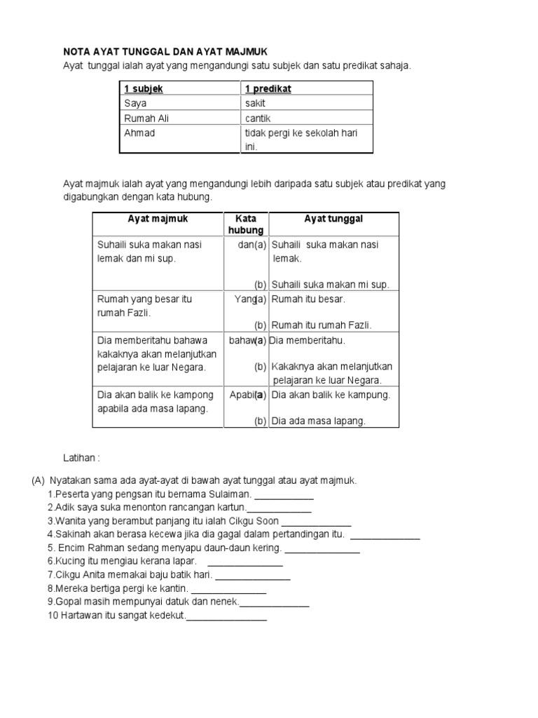 Nota Ayat Tunggal Dan Ayat Majmuk | PDF