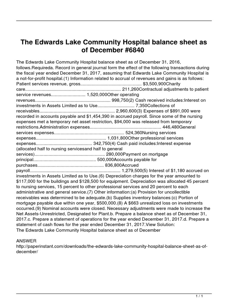 The Edwards Lake Community Hospital Balance Sheet As of December | PDF ...
