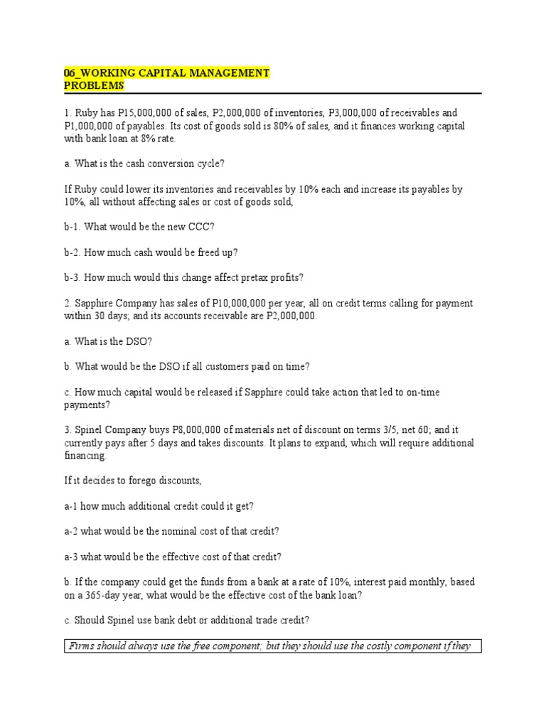 Working Capital Management Problems | PDF | Working Capital | Inventory
