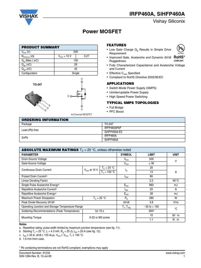 Irfp460A, Sihfp460A: Vishay Siliconix | PDF | Field Effect Transistor ...